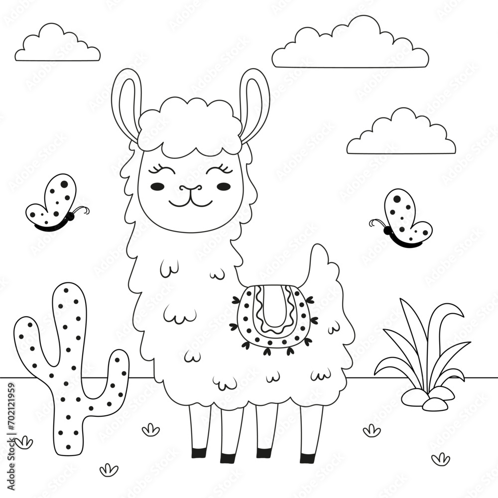 coloring page with cute llama and cactus, black and white background ...