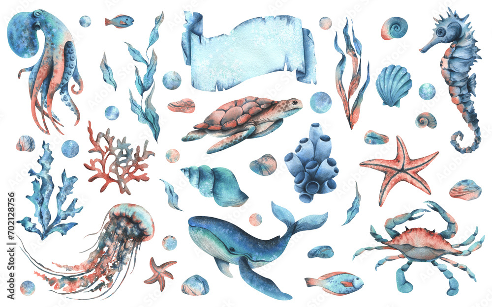 Underwater world clipart with sea animals whale, turtle, octopus ...