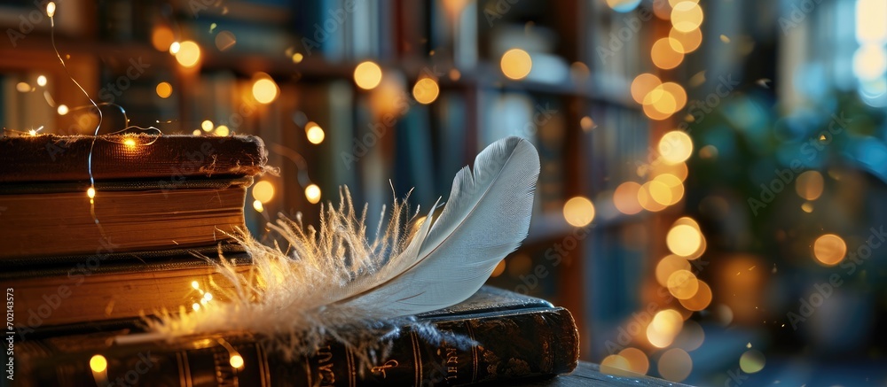 Double exposure image of feather combined with photograph of old book ...