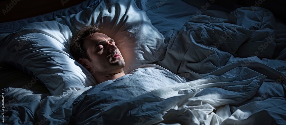Casual Man Waking up from Nightmare in Bed. with copy space image ...