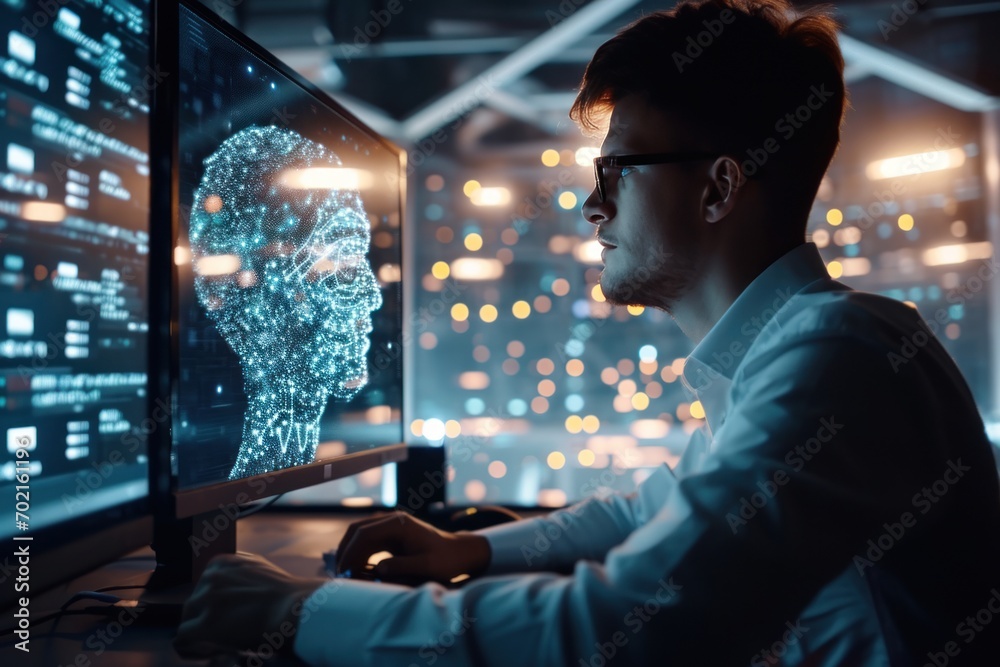 Business man using AI technology for data analysis, coding computer language with digital brain ...