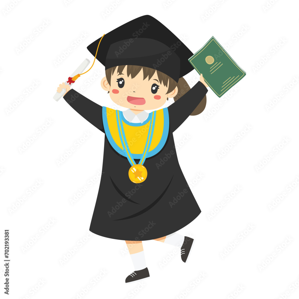 Happy little girl student graduate from school character vector ...