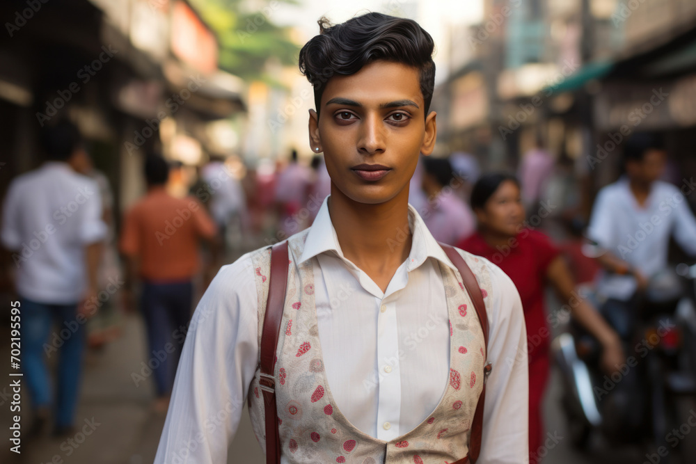 Photo of an Indian man with androgynous beauty, wearing a fusion of ...