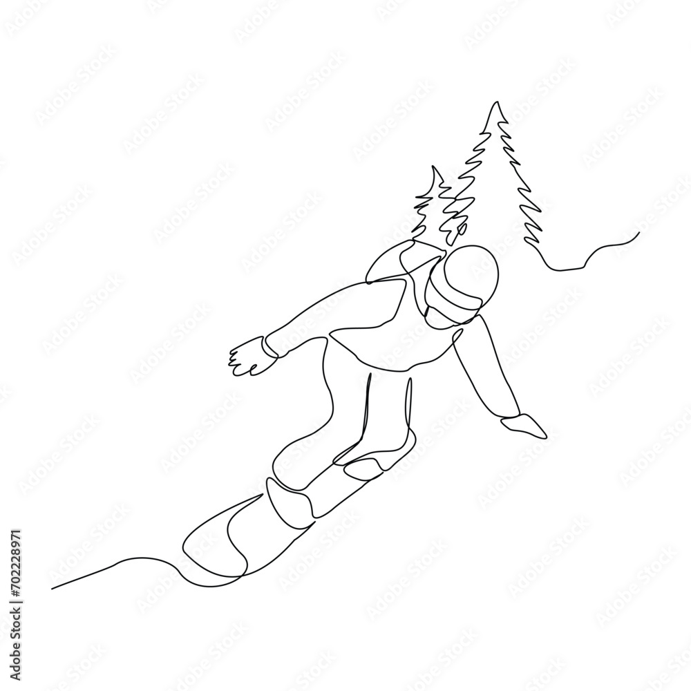 Continuous single line sketch drawing of man snowboarder ride speed at ...