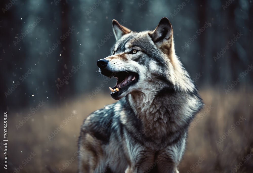 Sinister wolf shifter with red eyes in gloomy night forest shrouded in ...