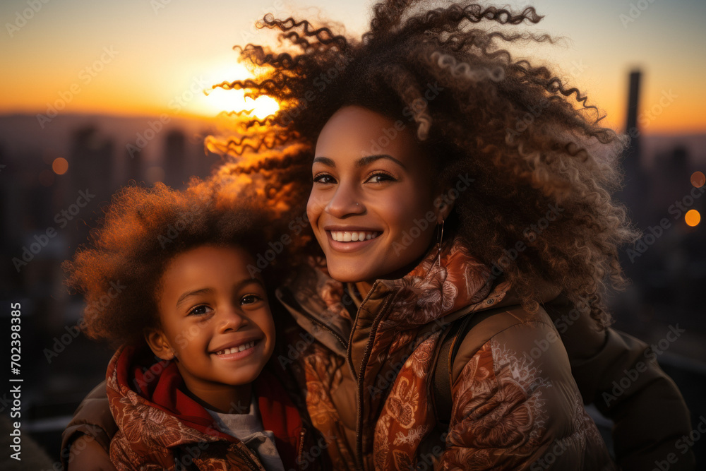 Happy African family, mother and child on top floor of skyscraper ...