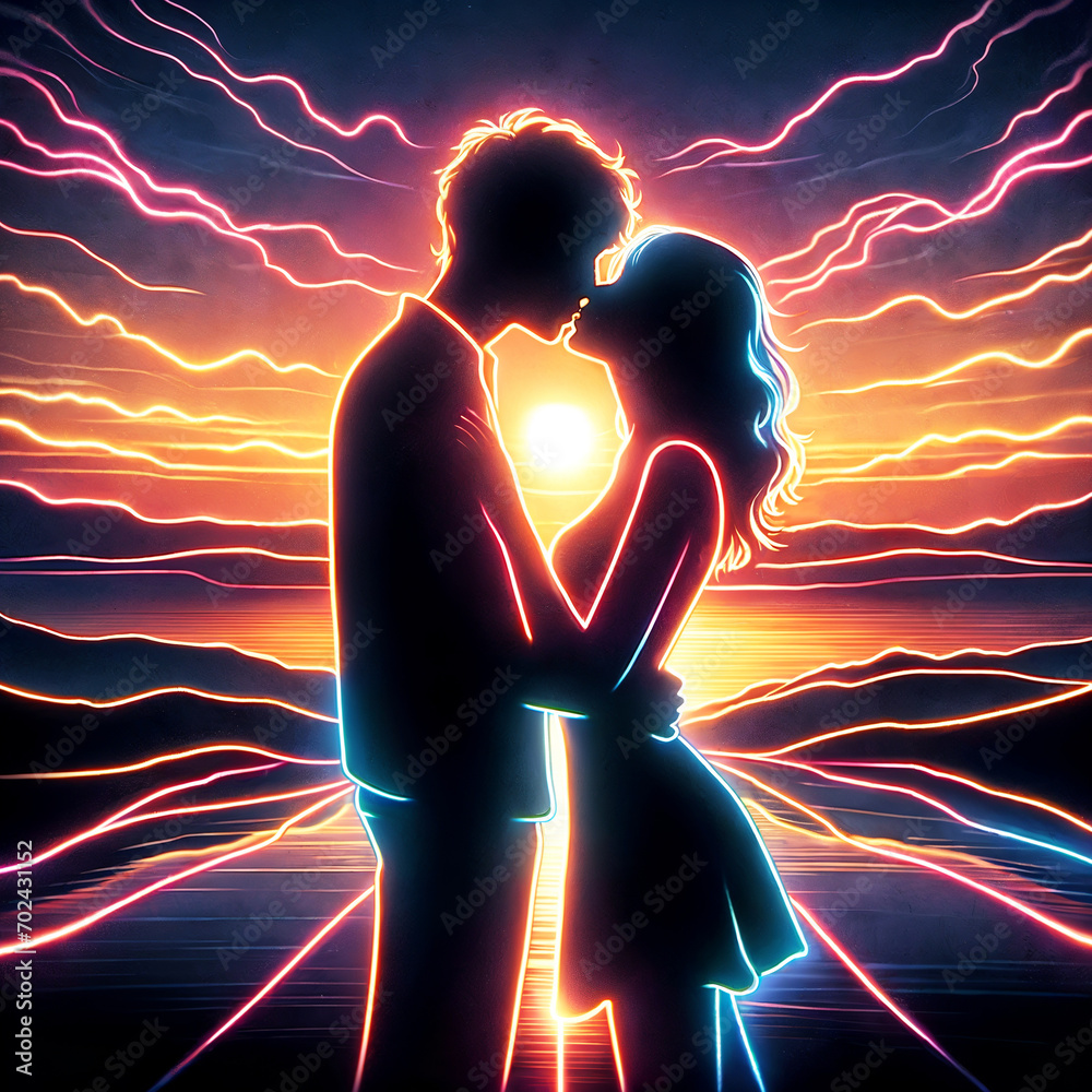 Silhouetted couple embracing against a vibrant retro-futuristic ...