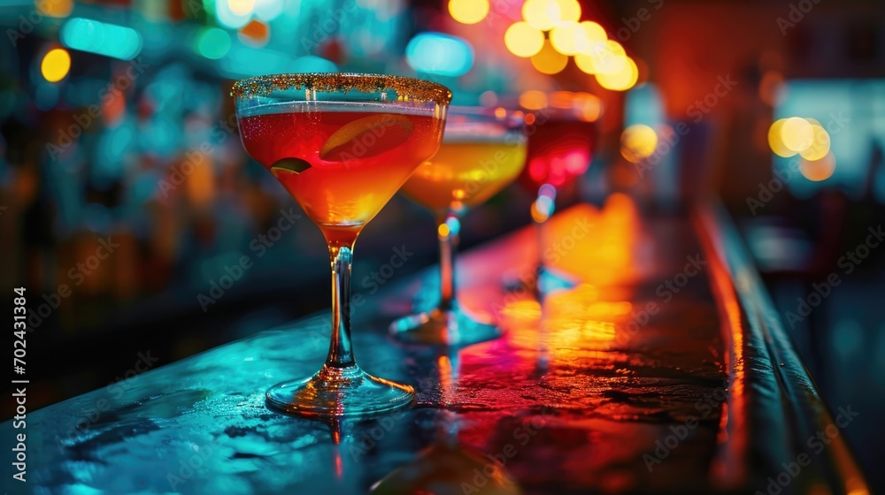 Still Life, Mardi Gras themed cocktails, close-up shot, bar counter ...