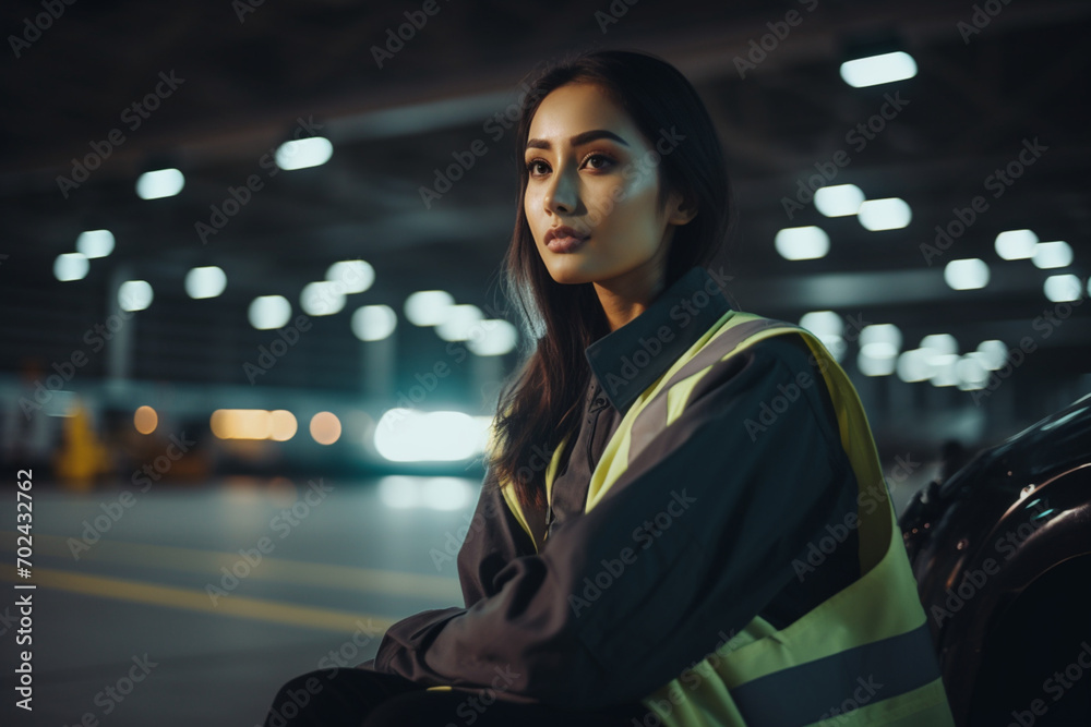 Asian female airfield operations officer sitting in a follow me car on ...