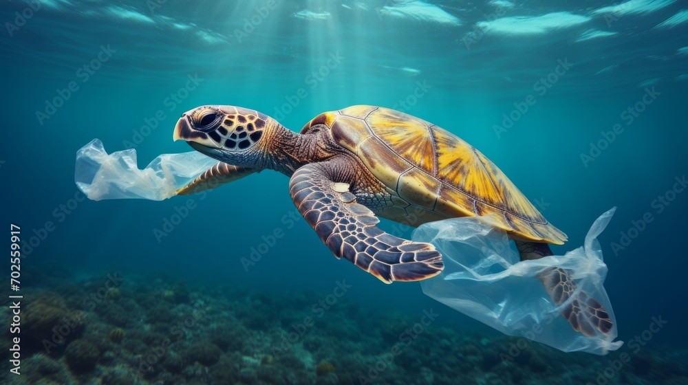 Environmental issue of plastic pollution problem. Sea Turtles can eat ...