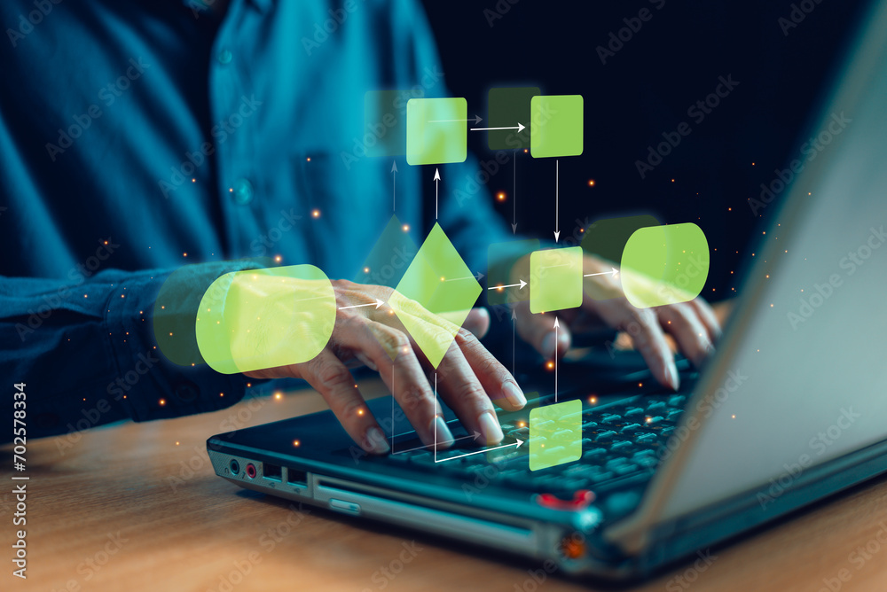 Businessman use computer process Workflows and Flowcharts background ...