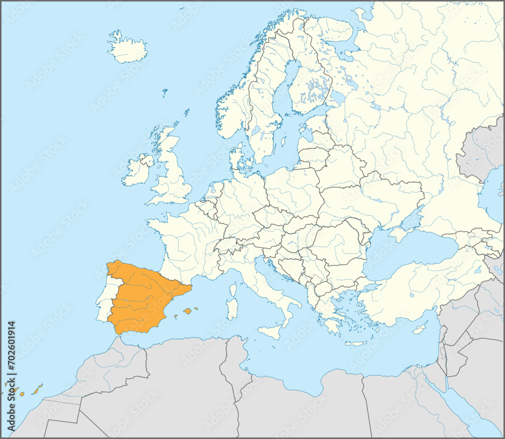 Orange CMYK national map of SPAIN inside detailed beige blank political ...