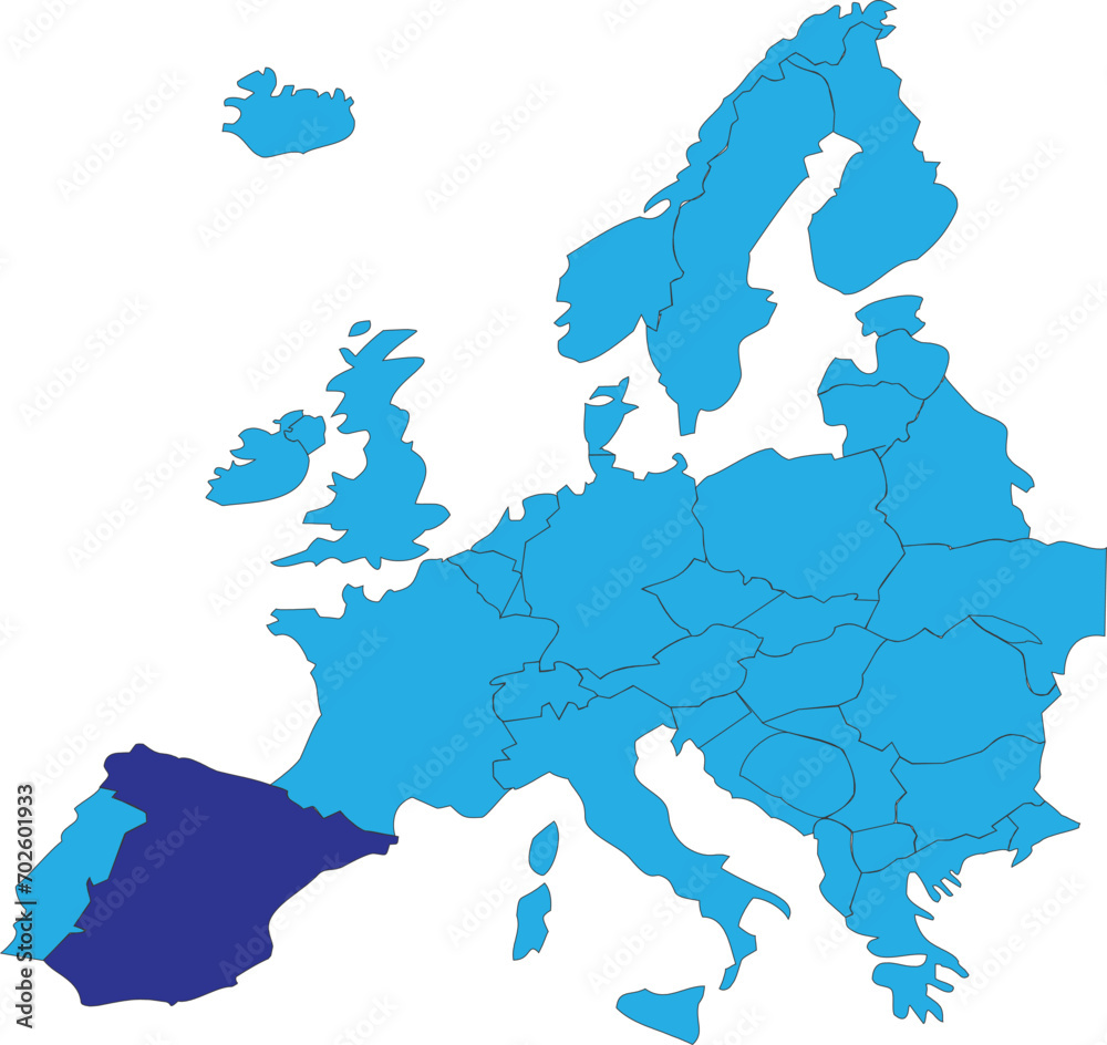 Dark blue CMYK national map of SPAIN inside simplified blue blank ...