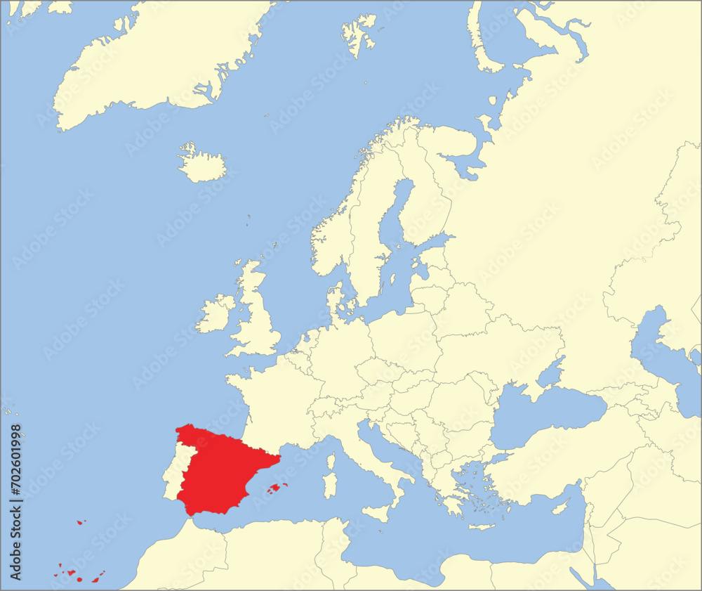 Red CMYK national map of SPAIN inside detailed beige blank political ...