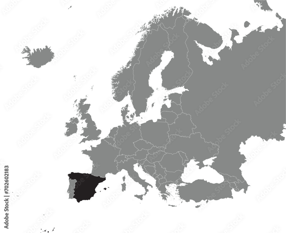 Black CMYK national map of SPAIN inside detailed gray blank political ...