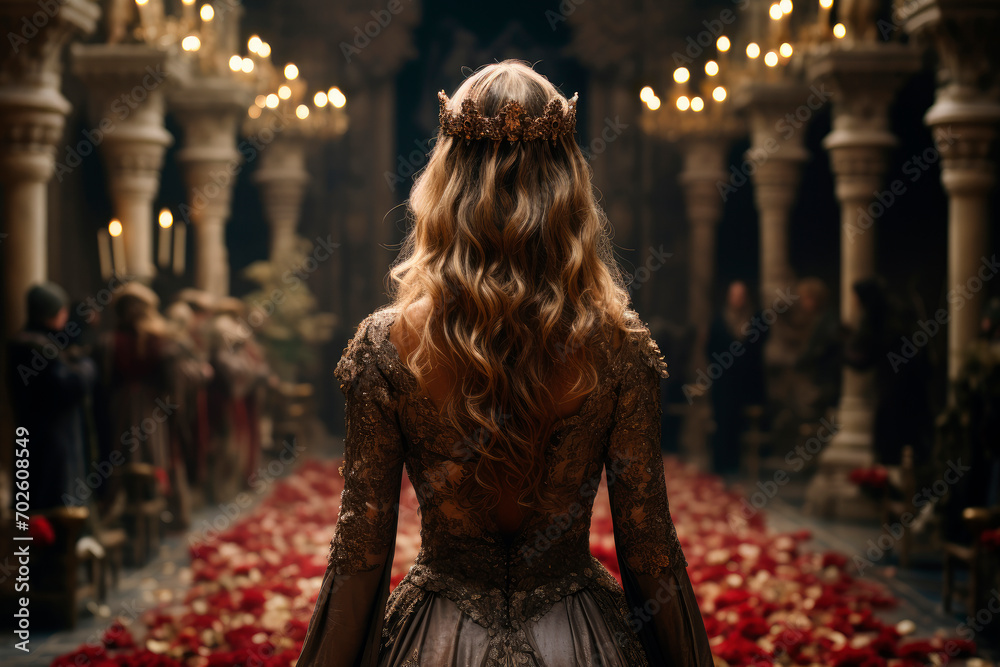 Back view of a beautiful queen wearing a medieval royal dress and a ...
