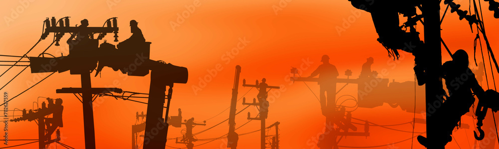 group of silhouette electric worker working on pole connected high ...