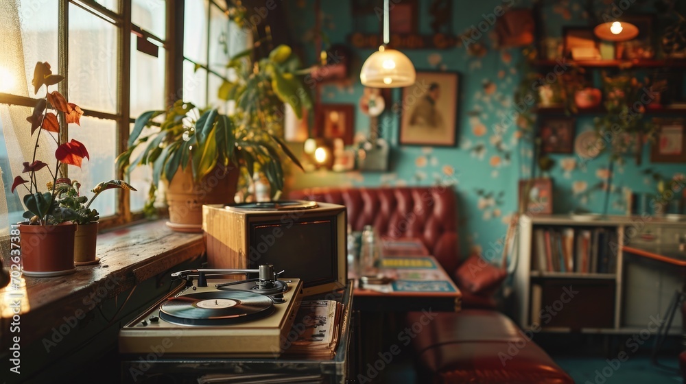 vintage record player next to a stack of vinyls, interior of a retro ...