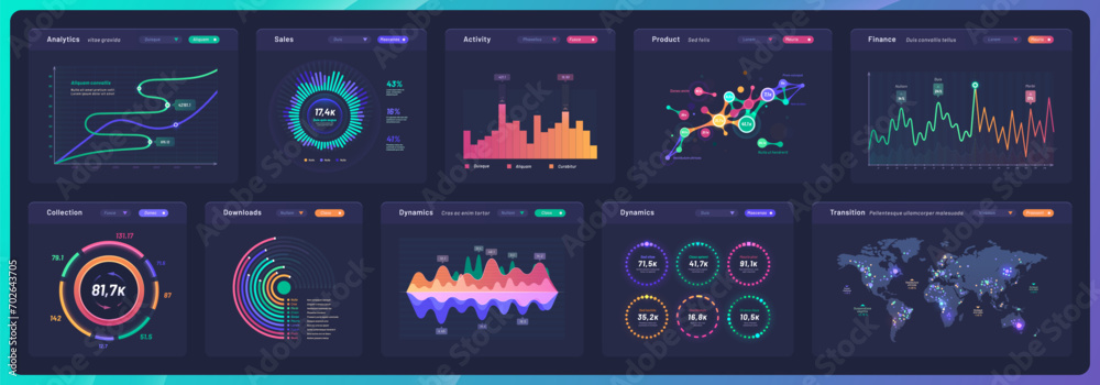 Dashboard data charts, infographics, graphs and info diagrams. Business ...