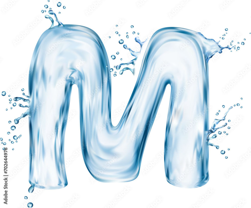 Realistic water font letter M, flow splash type, liquid aqua typeface ...
