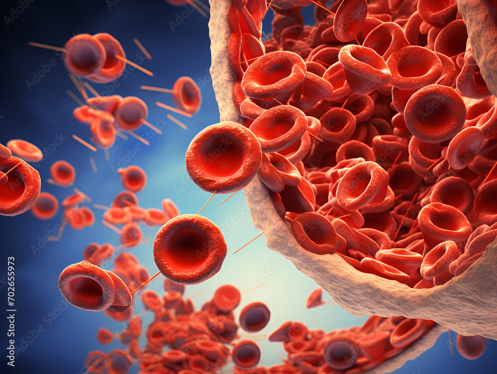 blood vessel showing a blocked blood flow with platelets and white ...