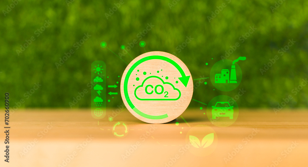 Foto de Stock CO2 emission reduction. Net zero and carbon neutral. Renewable energy-based green ...