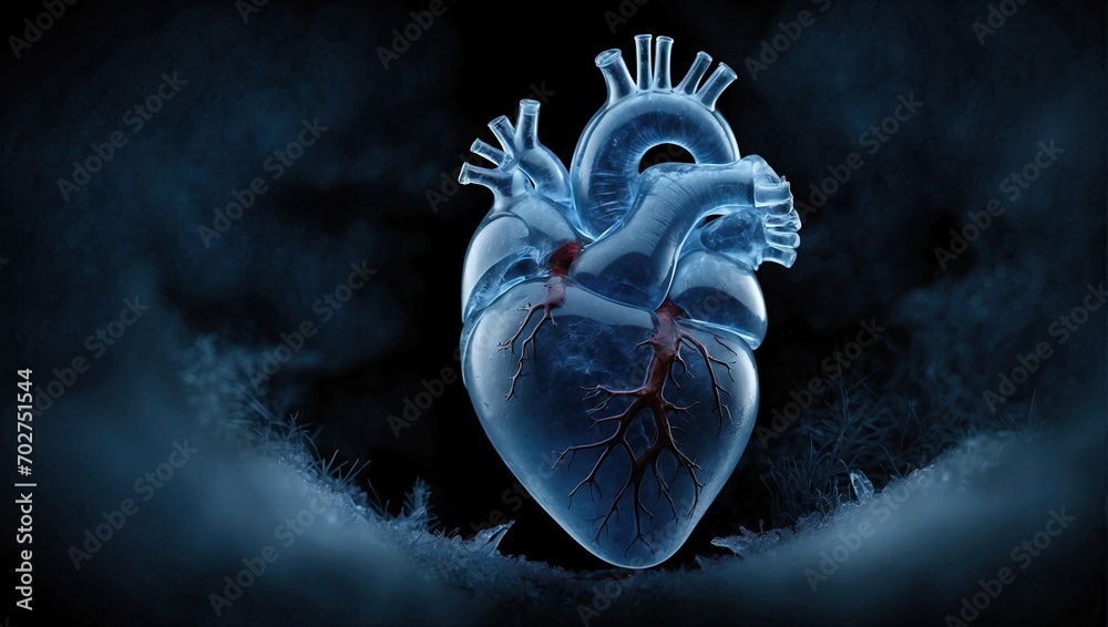 3D rendered human heart encased in ice, with veins visible, set against ...