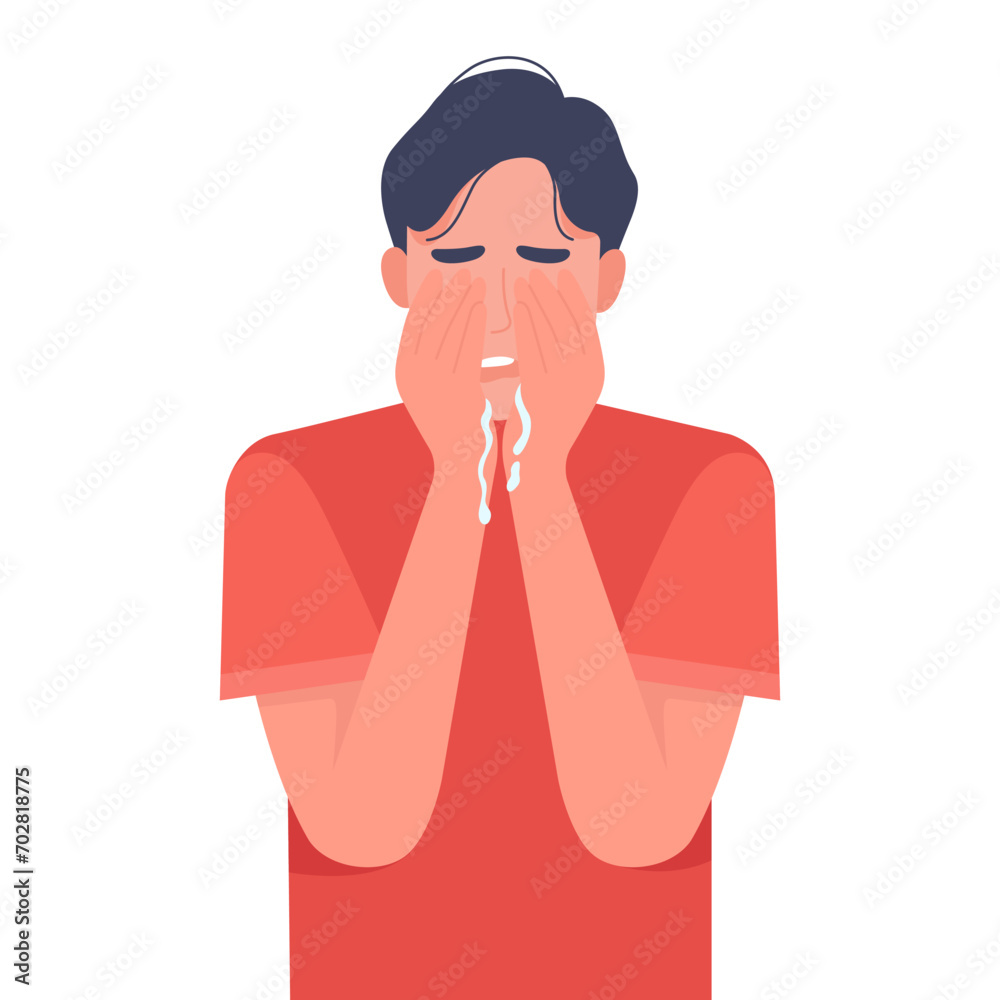 Sad man crying with pain and covering his face with his hands ...