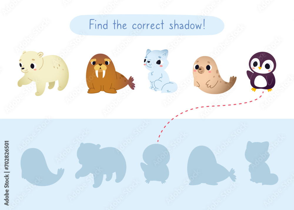 Mini game with cute arctic animals for kids. Find the correct shadow of ...