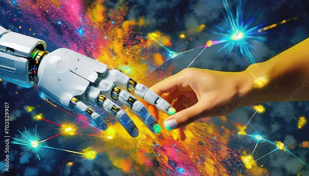 AI, Machine learning, Hands of robot and human touching on big data ...