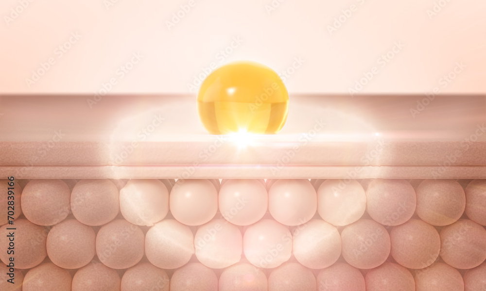 Cosmetic serum Oil drop on skin layers, Collagen and vitamin through ...