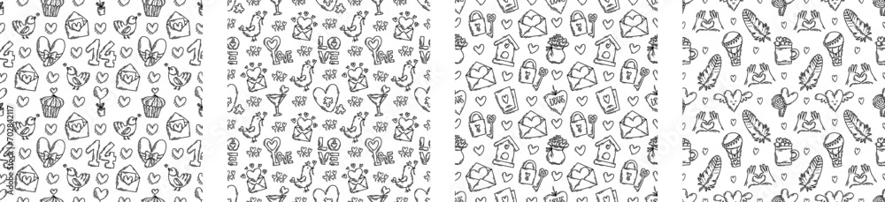 The love theme doodle style seamless pattern in black and white ...