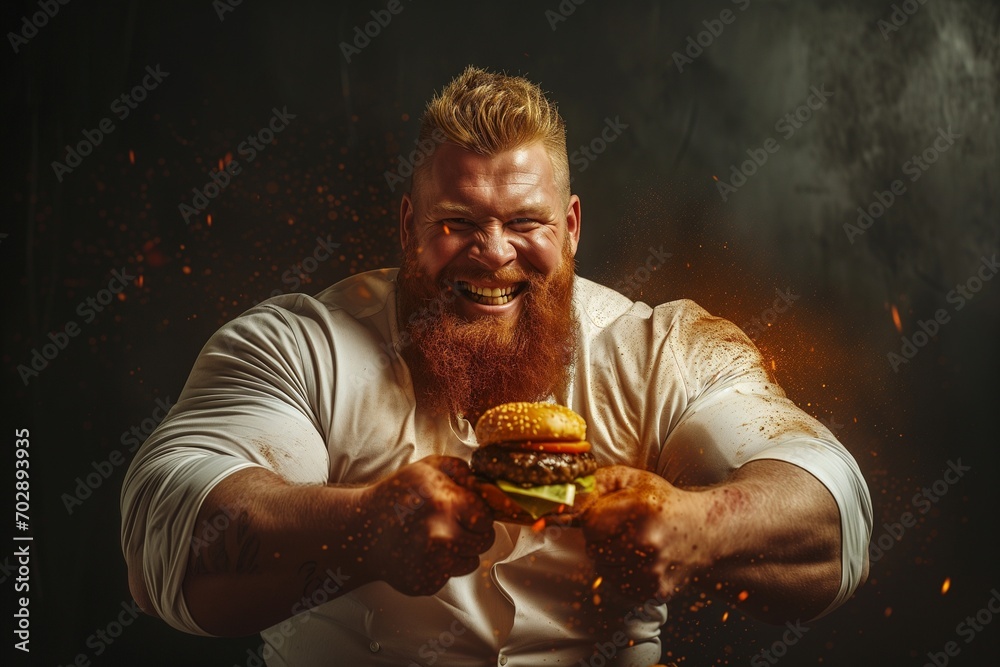 Photo Stock A chubby bodybuilder with massive arms, smiling with a ...