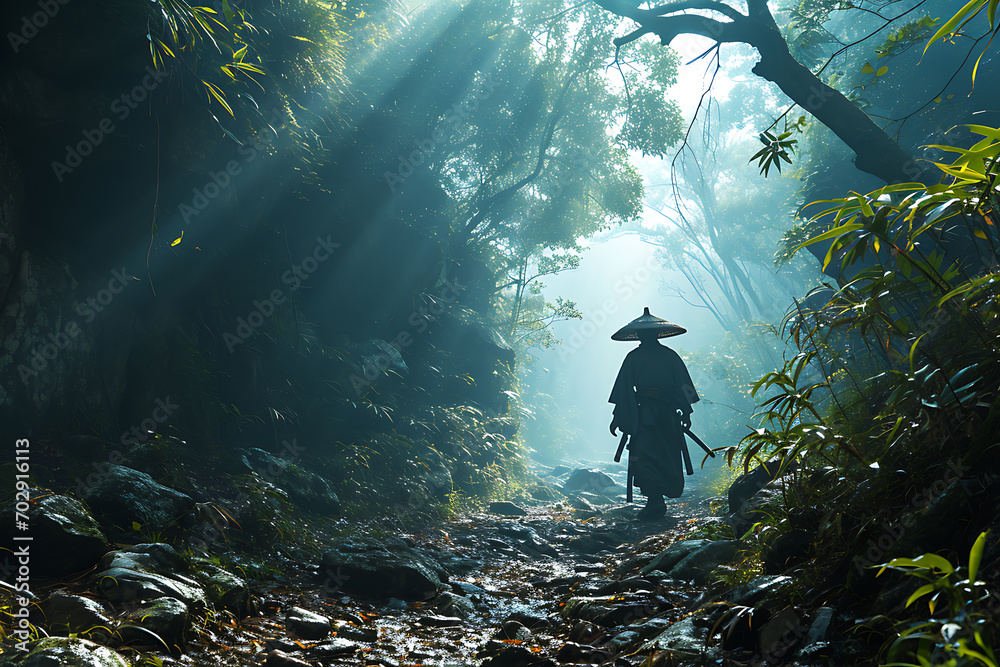 Ancient Samurai Warrior Treading through Misty Forest, Ethereal Samurai ...