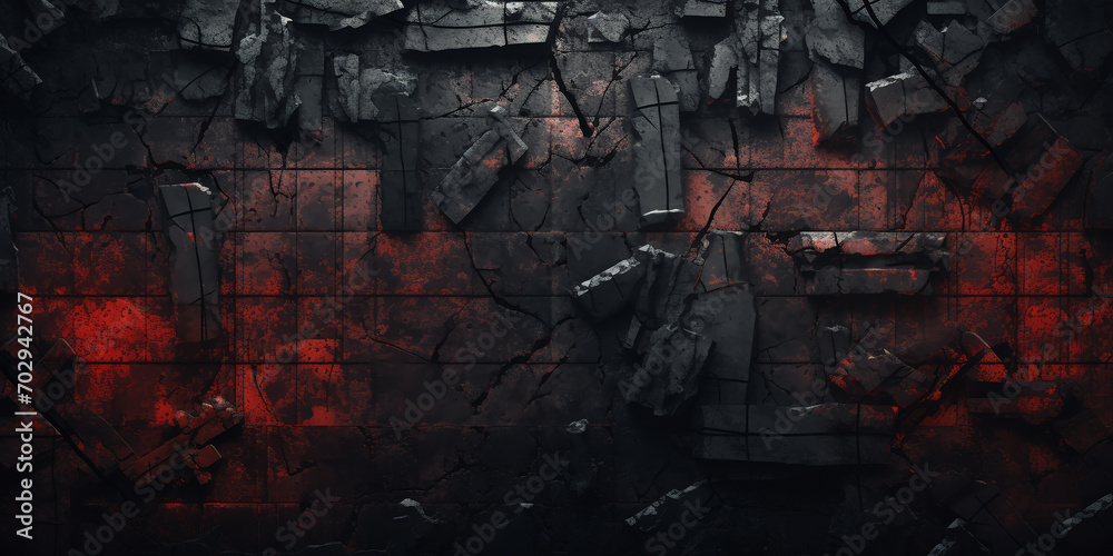 black charred wall with a red fiery glow, brutal chaotic geometry ...
