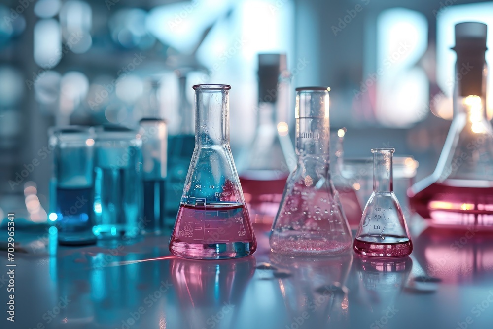 A colorful array of glass beakers filled with bubbling pink liquid sit ...