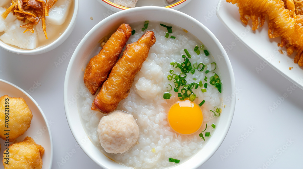 Top view close up baked congee rice porridge with boil egg and pork ...