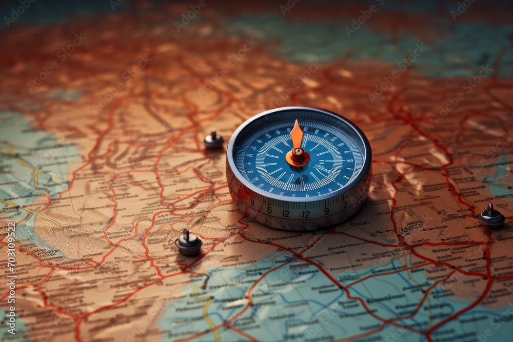 Compass on the map. Conceptual image of travel. 3d, Magnetic compass ...