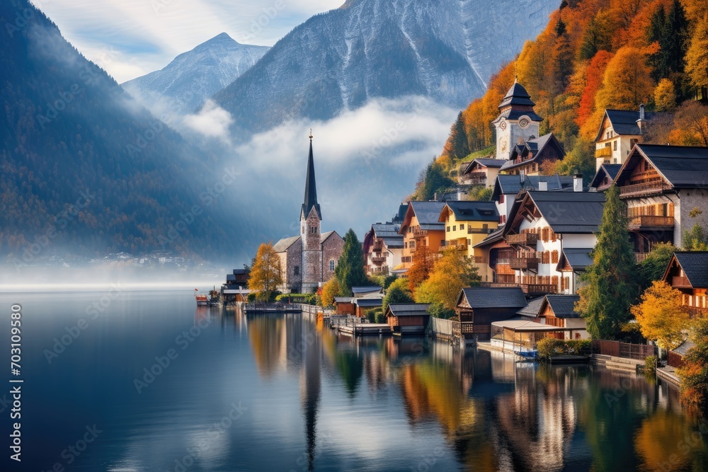 Hallstatt village on Hallstatter lake in autumn, Austria, Misty autumn ...