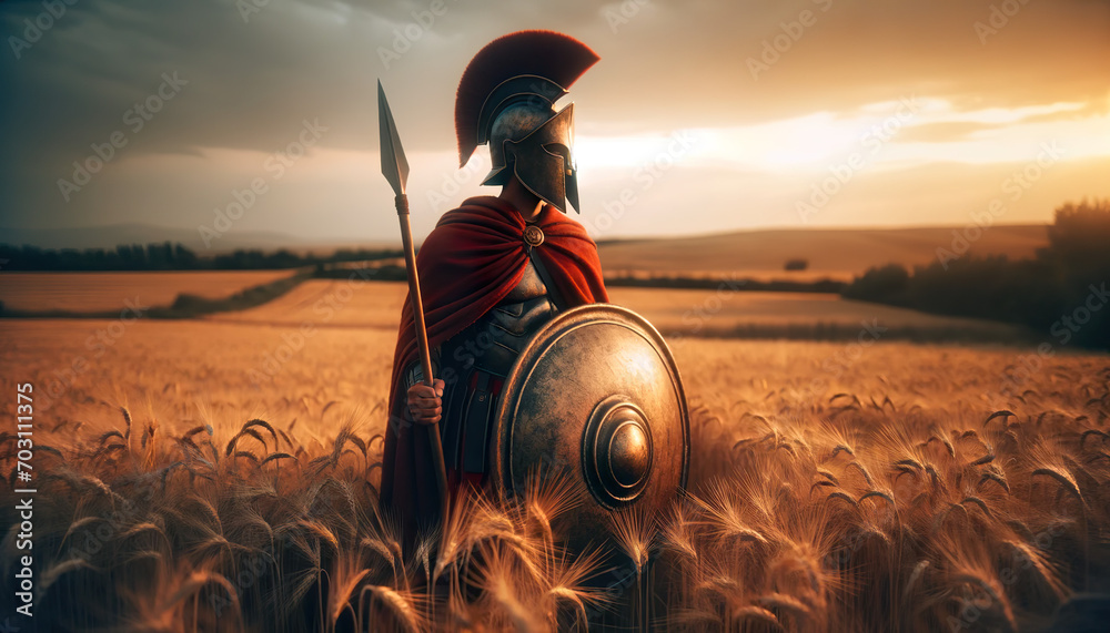 A Spartan soldier stands with a spear and shield in a field, the ...