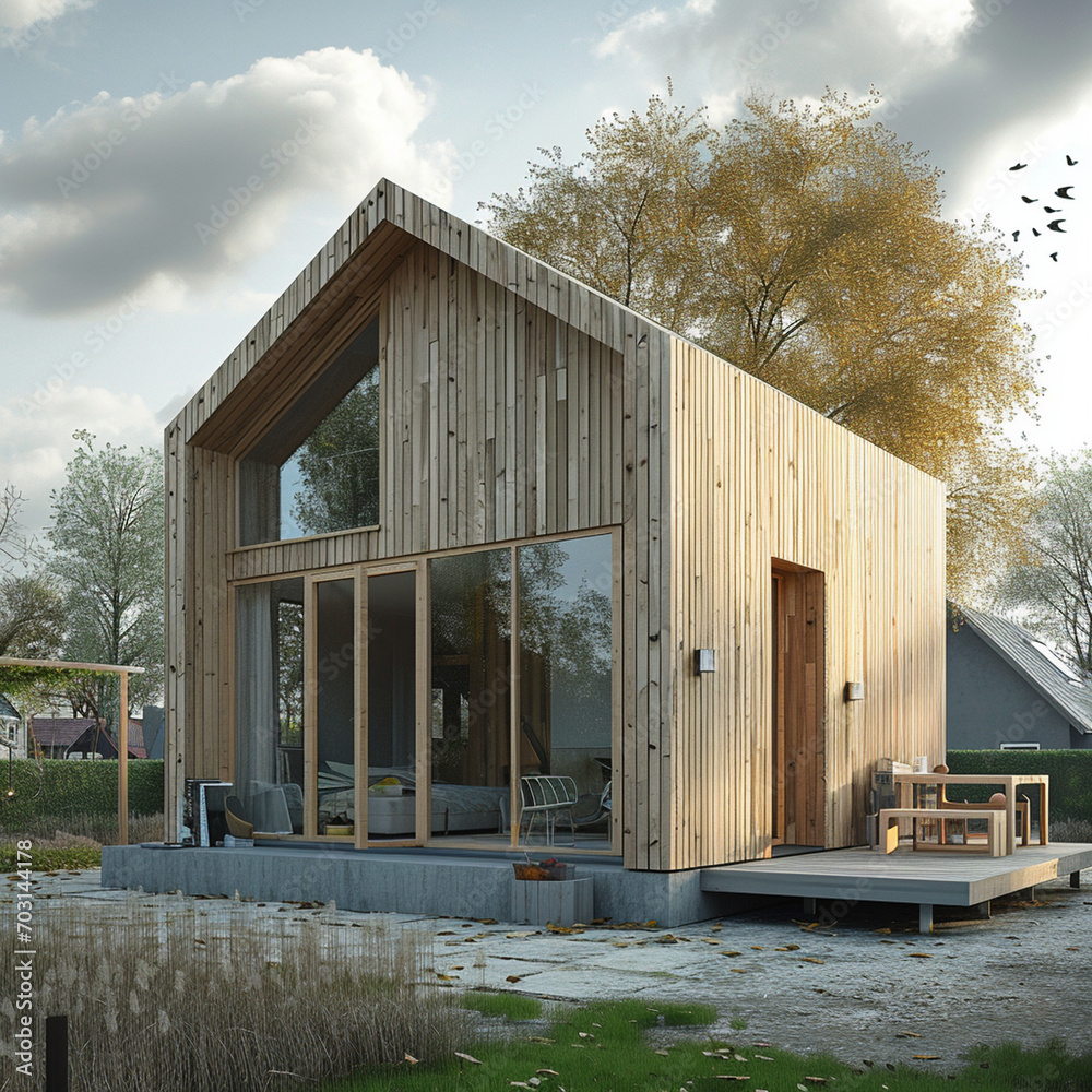 Tiny one floor timber frame house with double front doors and terrace ...