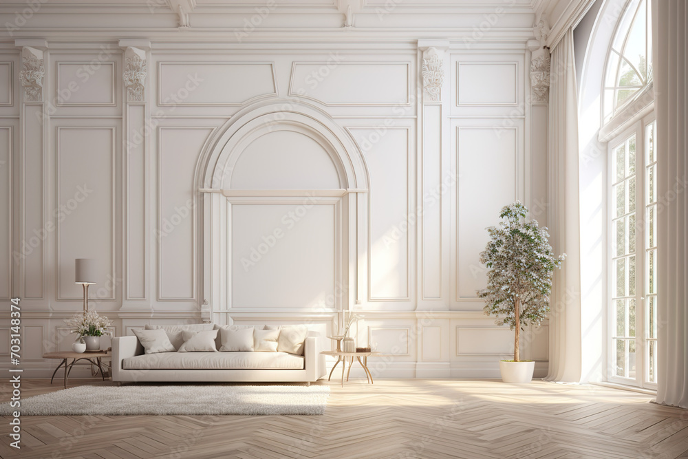 Luxury home interior design of a living room with tall ceiling, white ...