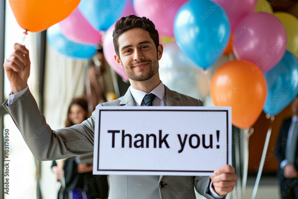 Thank you concept image with a business man manager holding a sign with ...