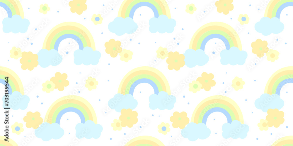 Seamless background with cute rainbows clouds naive style baby background for wrapping paper ...