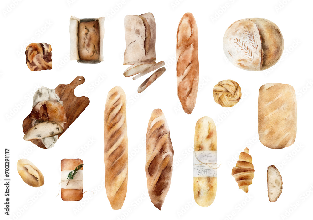 Watercolor types of bread set isolated illustrations for bakery. Hand ...