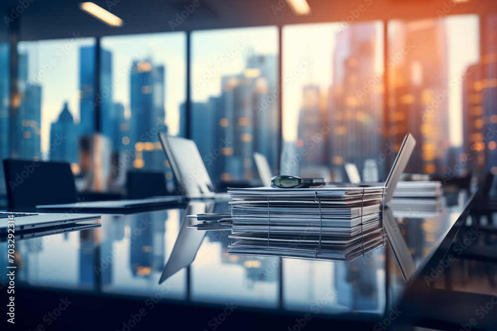 Office interior with a computer, document and desk. Modern and luxury ...