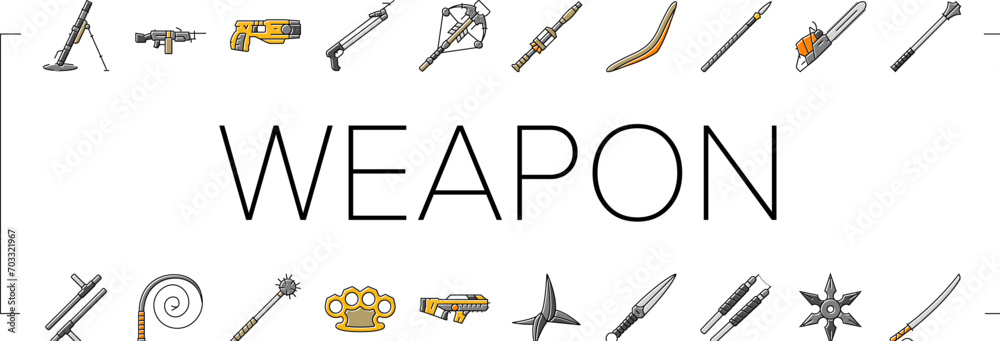 weapon gun game knife war icons set vector. military rifle, sword army ...