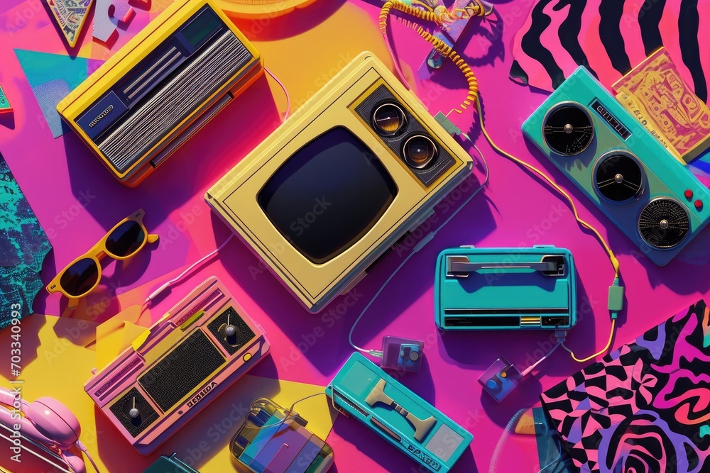 A nostalgic 90s-themed image featuring iconic items like cd players ...
