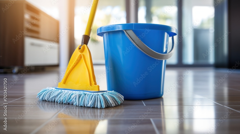 A bright blue mop bucket and yellow mop stand ready on a shiny tiled ...