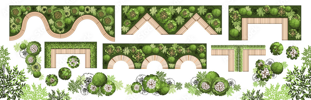 Top view elements for the landscape design plan. Trees and benches for ...